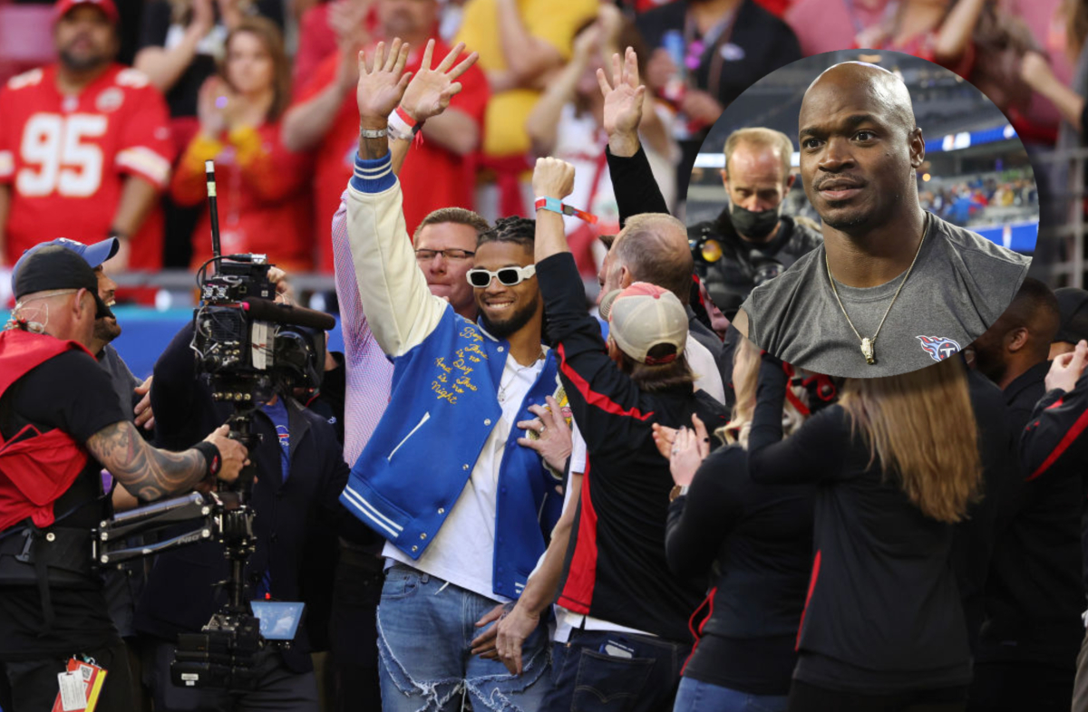 Adrian Peterson Talks With Damar Hamlin About His Super Bowl Jacket ...