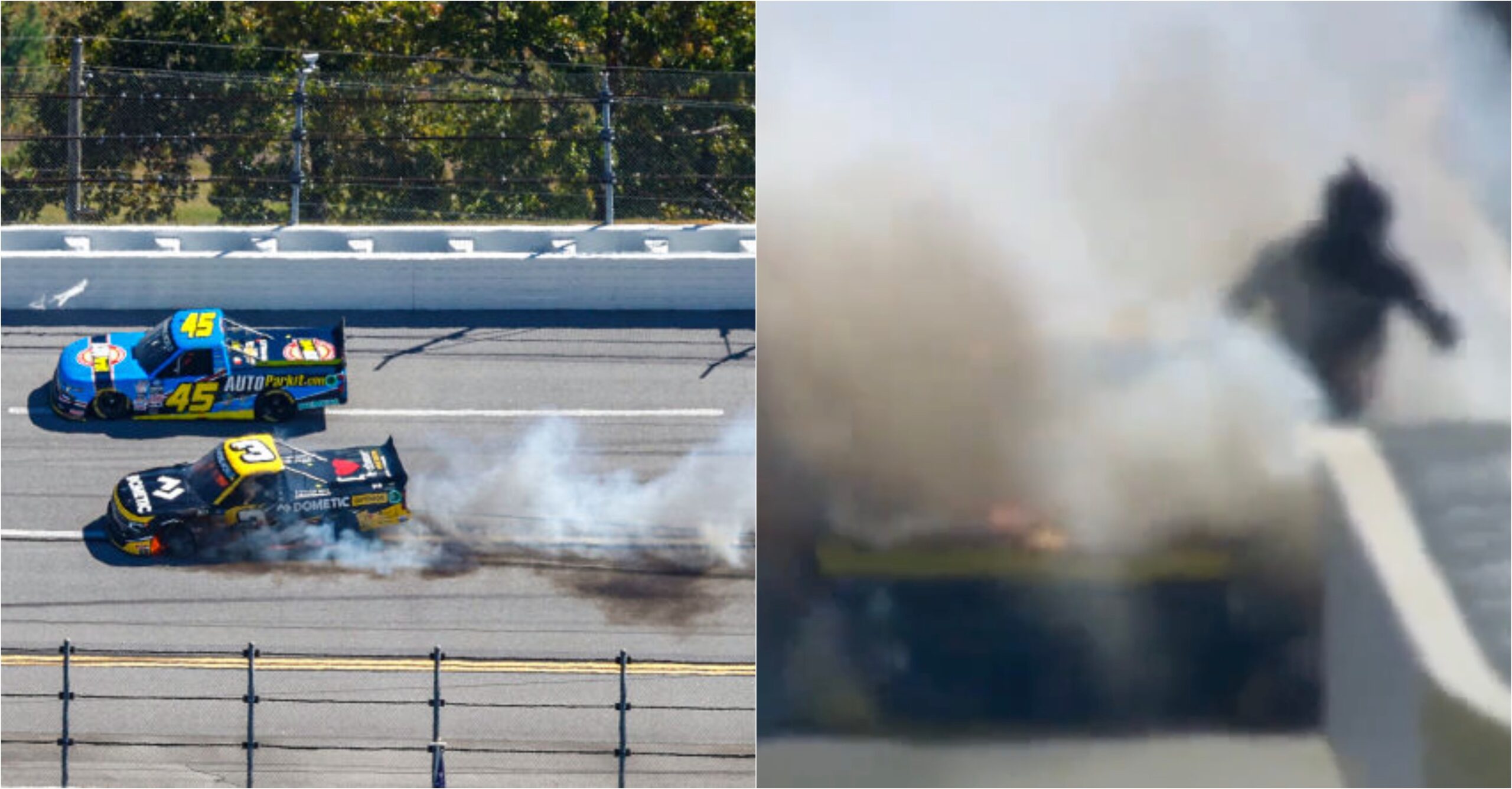NASCAR Truck Series Driver Gets Halfway Out Of Burning Car Before It ...