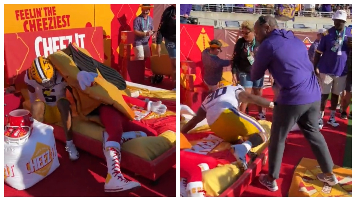 LSU Coach Scolds Players For Dogpiling Cheez-It Mascot During Purdue ... LSU Coach Scolds Players For Dogpiling Cheez-It Mascot During Purdue ...
