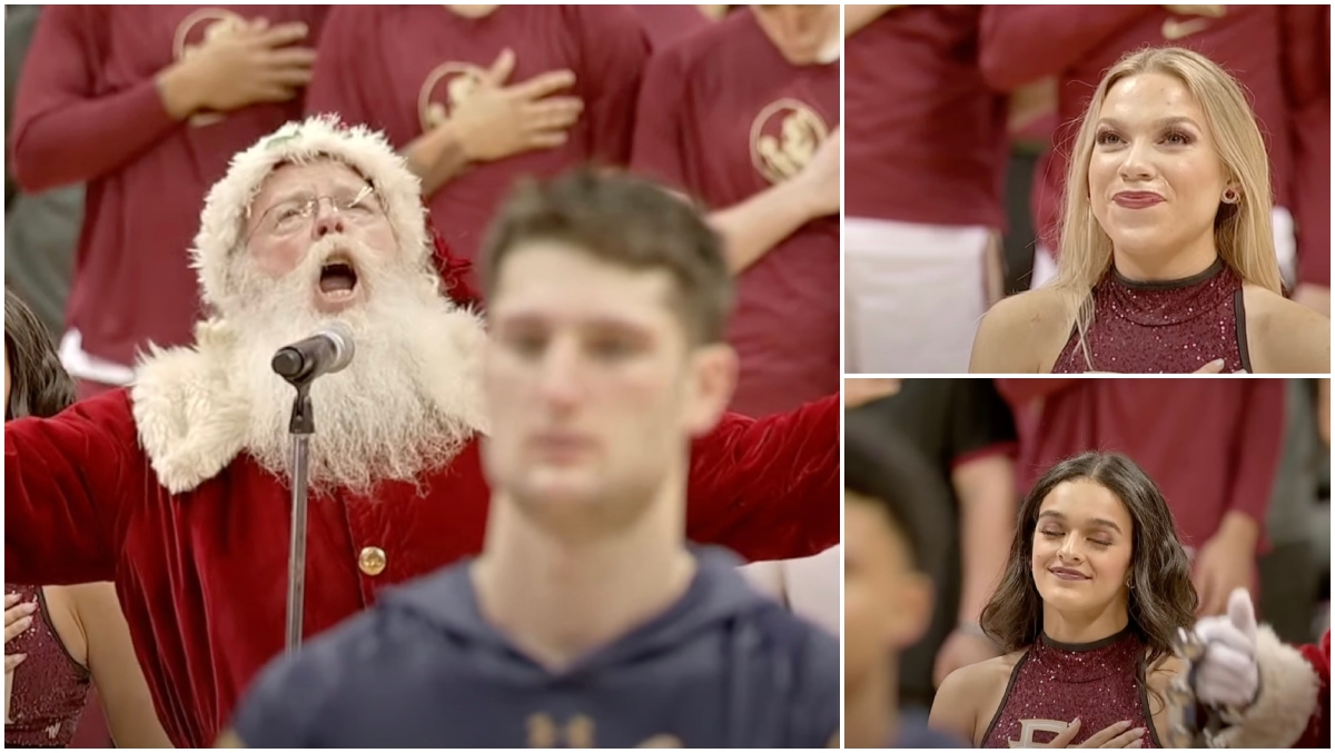 Santa Sings Pitchy National Anthem, Cheerleaders Fight Back Laughter ...